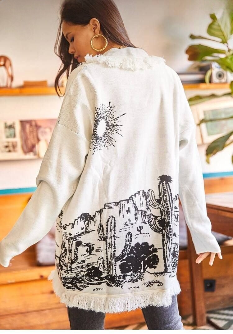Western Landscape Fringe Cardigan, Tribal Cardigan, Boho Cardigan ...