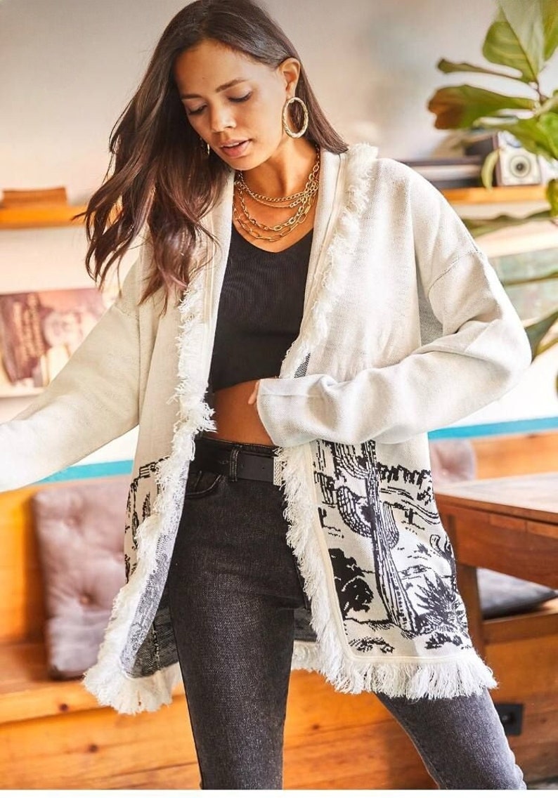 Western Landscape Fringe Cardigan, Tribal Cardigan, Boho Cardigan ...