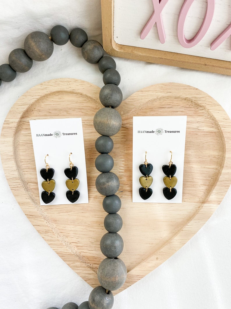 Black and Gold Earrings Heart Stack Earrings Valentines - Etsy