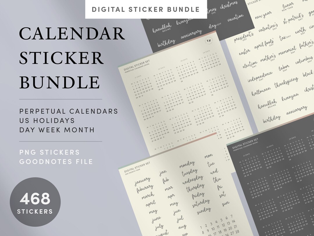 Calendar Digital Sticker Bundle Perpetual Mini Monthly Calendar and US ...