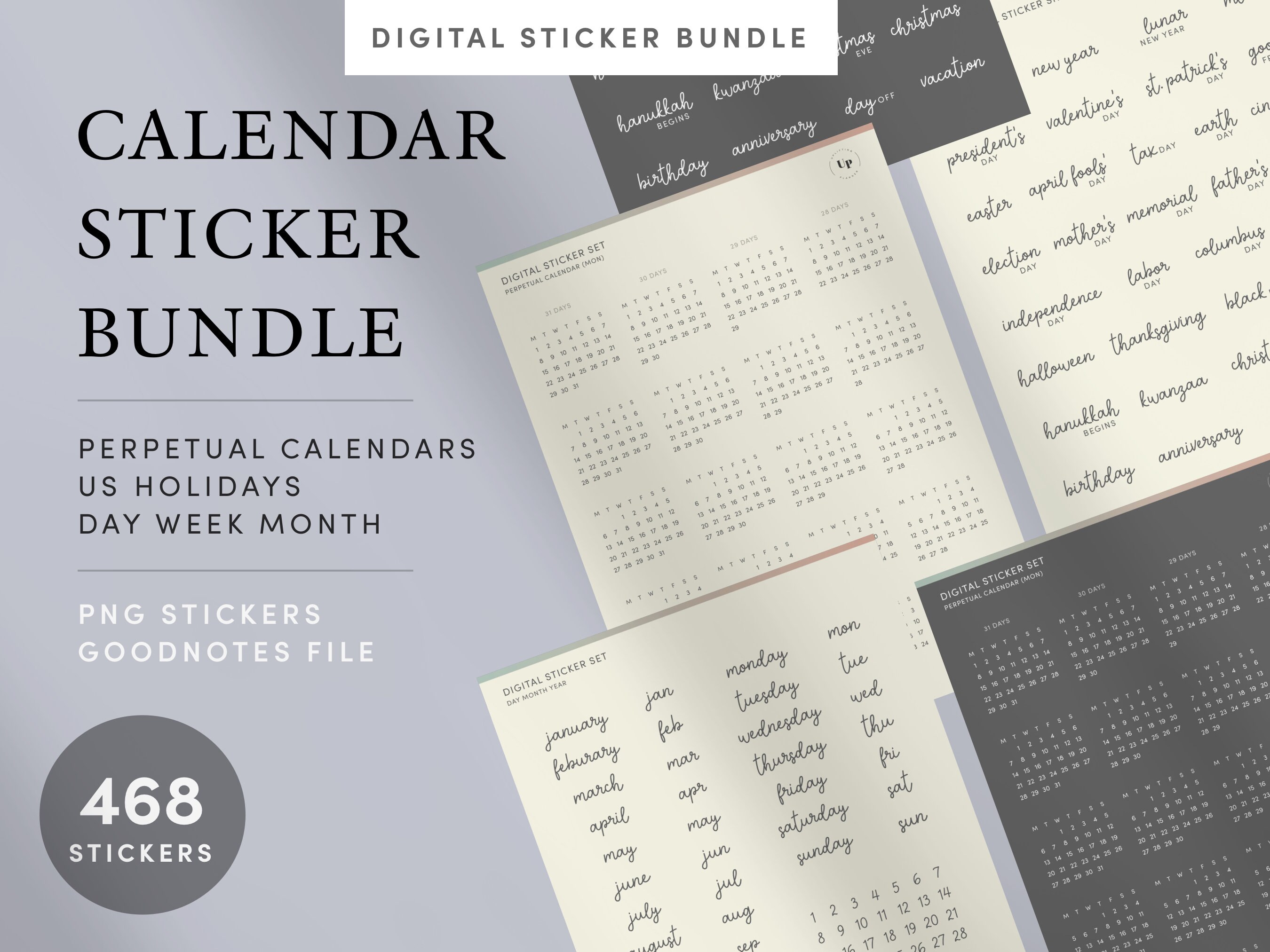 Calendar Digital Sticker Bundle Perpetual Mini Monthly Calendar and US ...