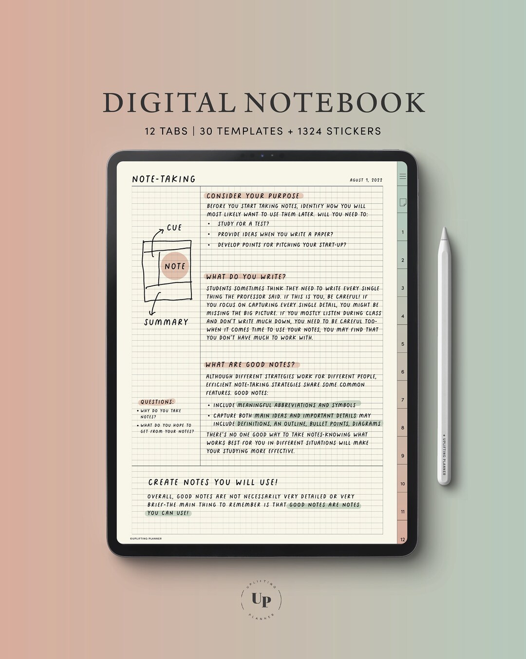 12 Tab Digital Notebook Goodnotes College Student Lecture Note Paper ...