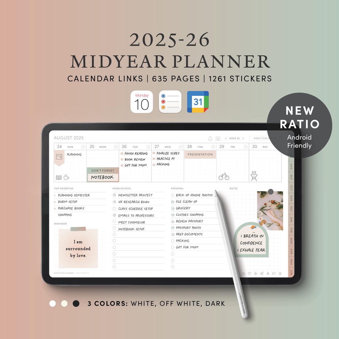 2025-2026 Mid-year Digital Planner: Goodnotes, Google Calendar (slim ...