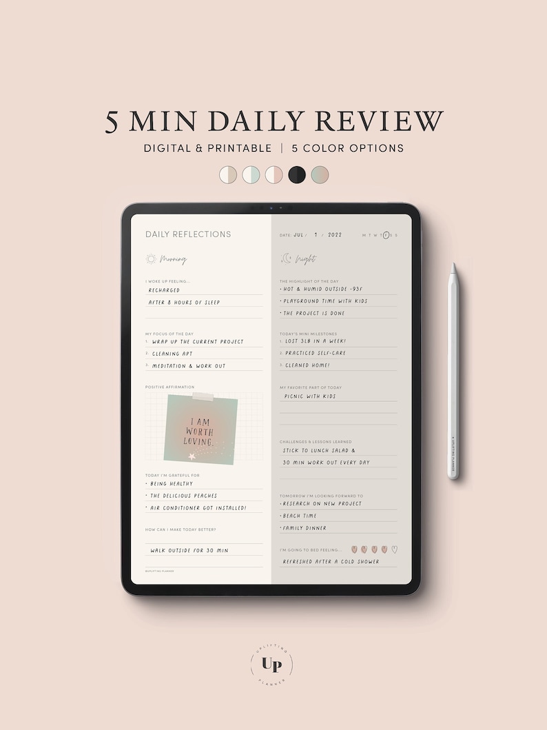 5 Min Daily Review Journal: Gratitude & Reflection Template (printable ...