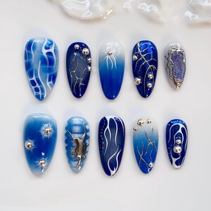 Gothic Blue Press on Nails Long Almond Nails/gothic Nails/3d Chrome ...