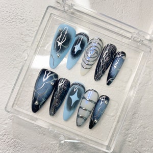 Custom Gothic Blue Press on Nails Long Almond Nails/3d Chrome Nails ...