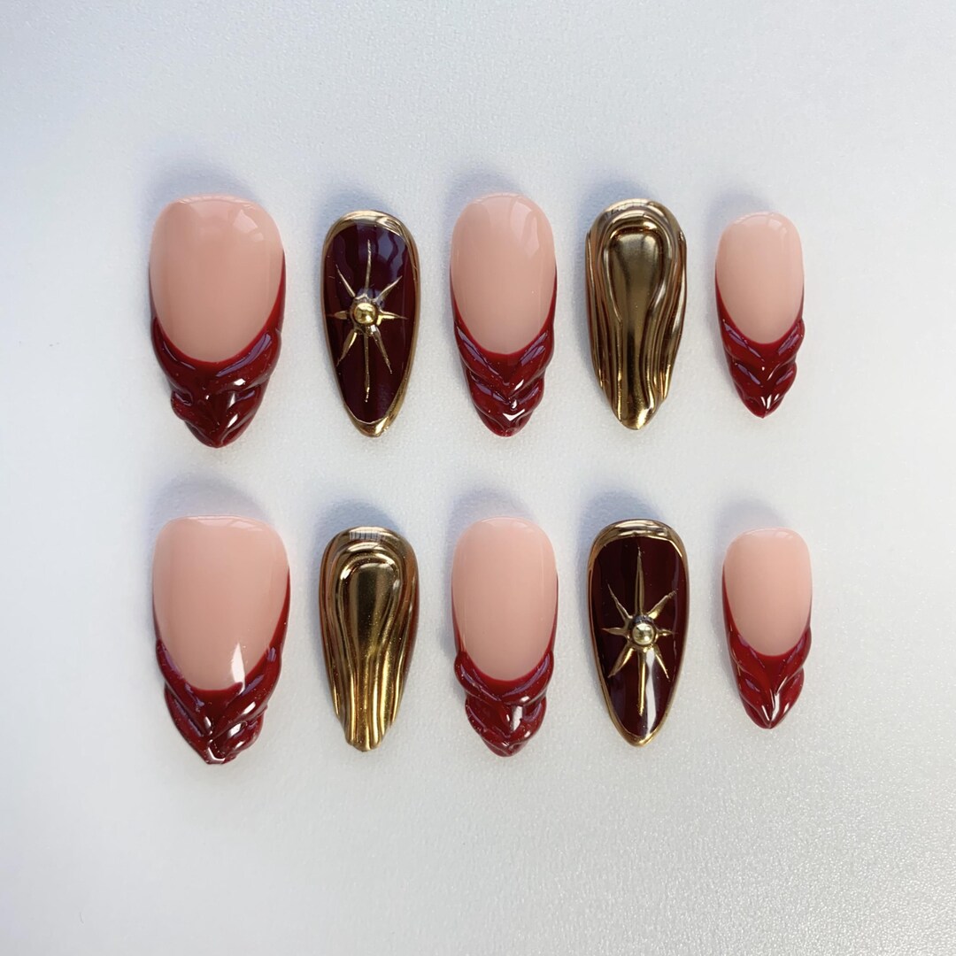 Burgundy French Red Press on Nails Short Almond Nails/gold 3D Chrome ...