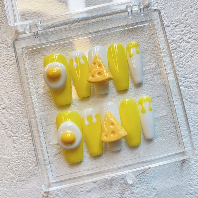 Limited 3D Egg&cheese Super Cute Press on Nails Long Nails/yellow Nails ...