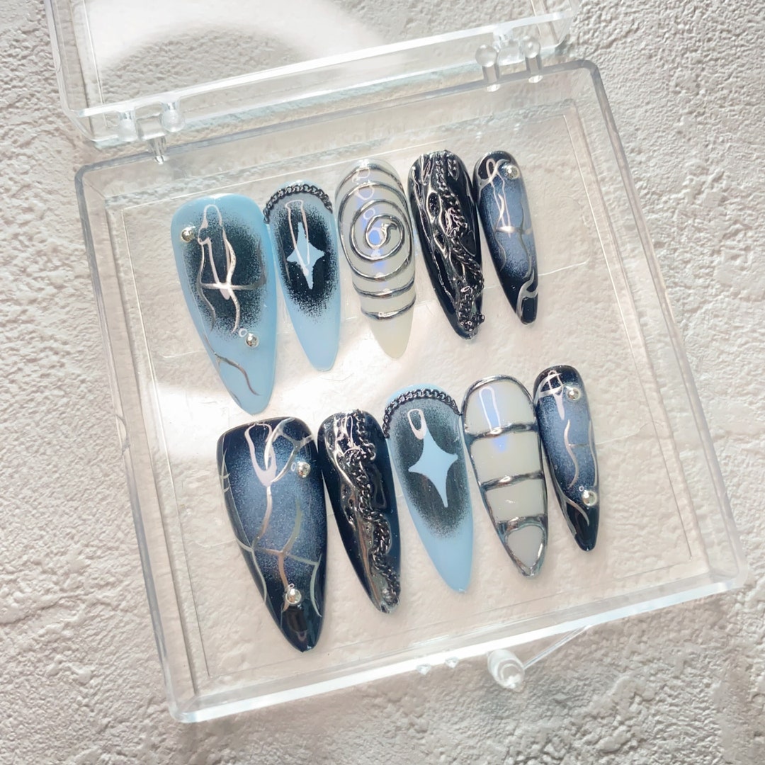 Custom Gothic Blue Press on Nails Long Almond Nails/3d Chrome Nails ...