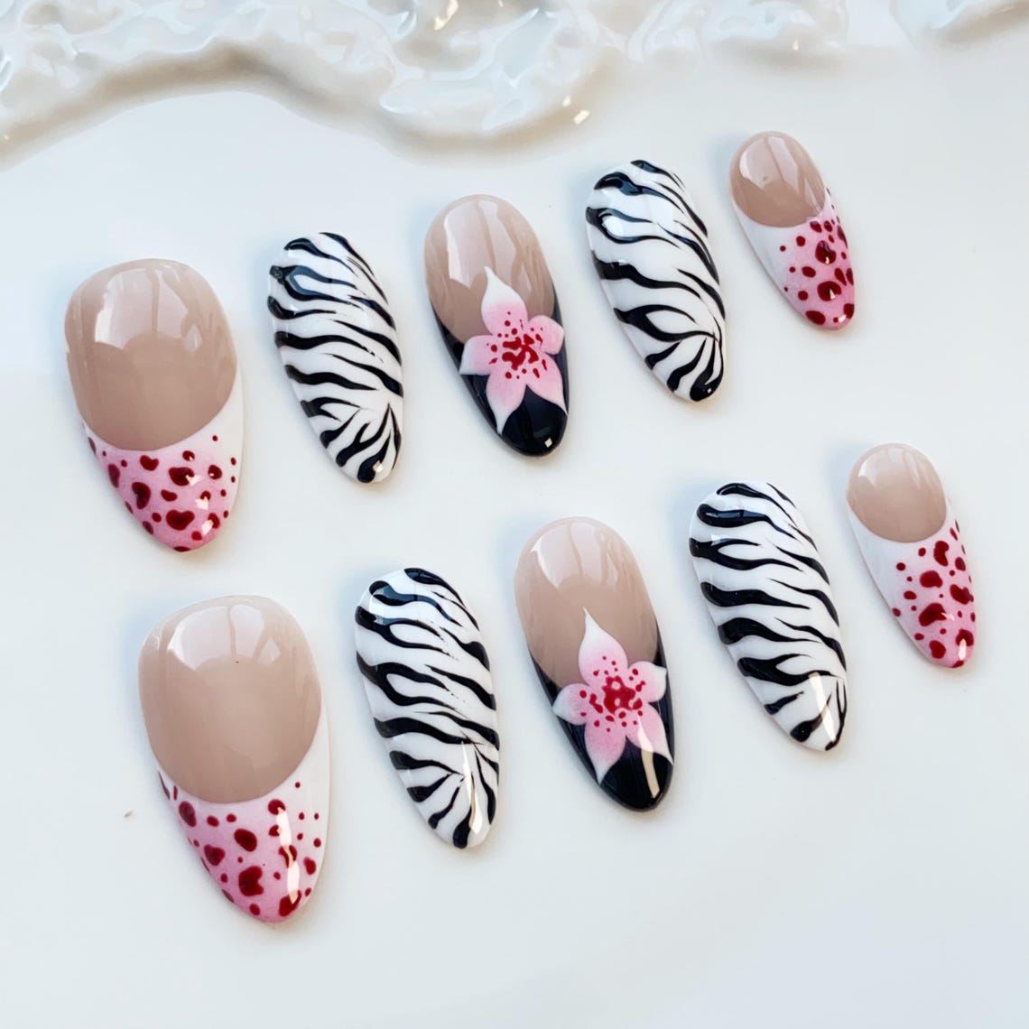 Zebra Press on Nails Long Almond Nails/blooming Flower Nails/french ...