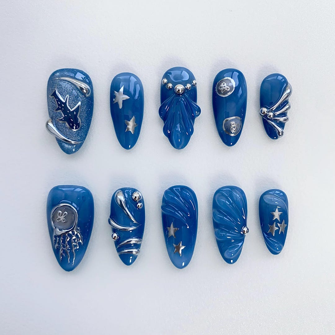 Sea World Shark Blue Press on Nails Long Almond Nails/blue Nails ...