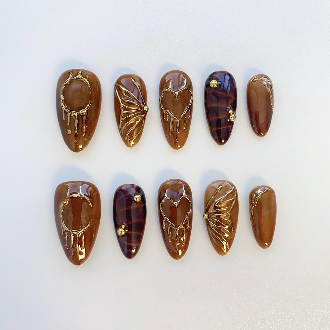 Gold 3D Chrome Nails/moon Amber Press on Nails Almond Nails/butterfly ...