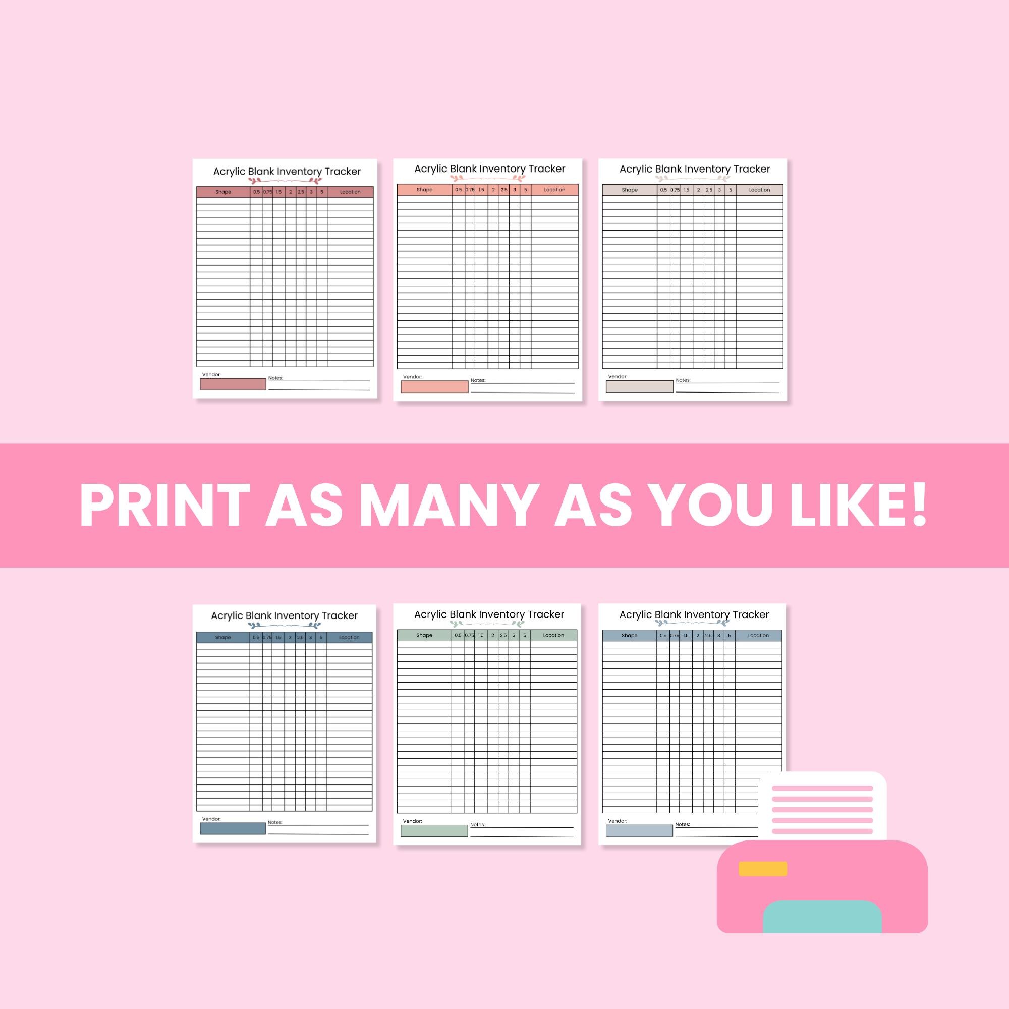 Acrylic Blank Inventory Tracker Printable – 6 Color Options, Craft ...