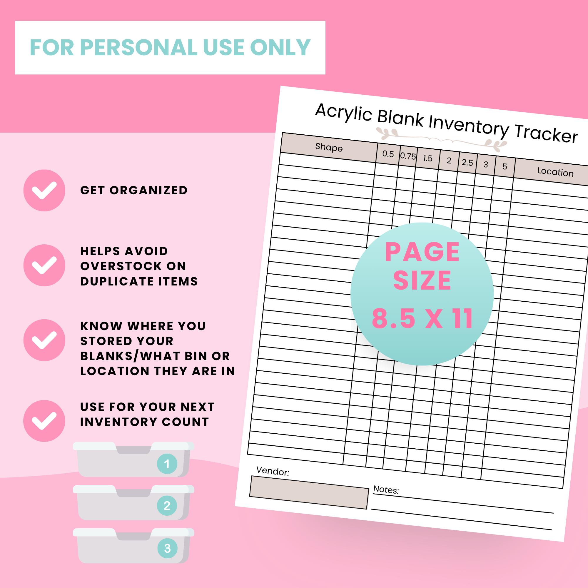 Acrylic Blank Inventory Tracker Printable – 6 Color Options, Craft ...