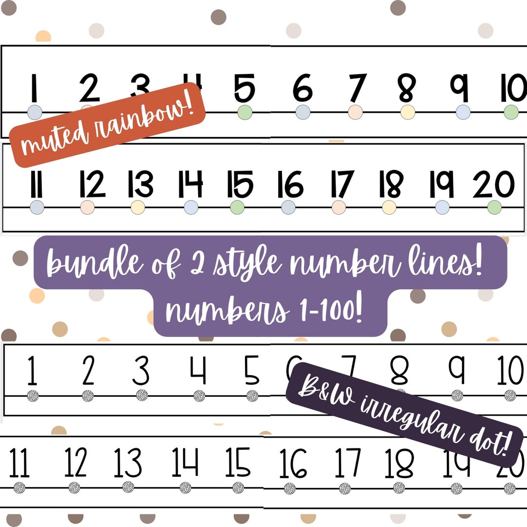 Number Line Bundle, 2 Number Lines, 1-100, B&W Irregular Dots, Muted ...