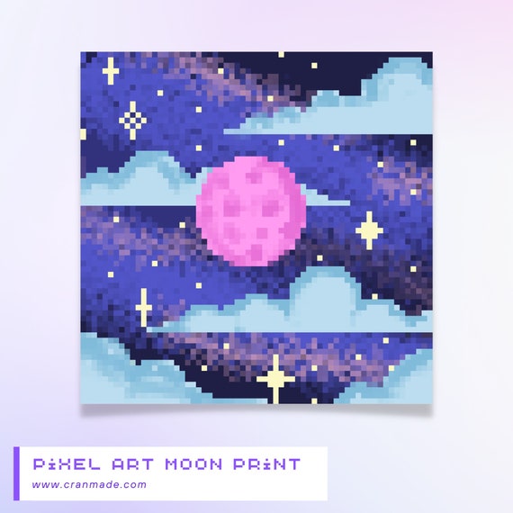 Pixel Art Moon Print Wall Decor 8-bit Starry Night Sky With | Etsy