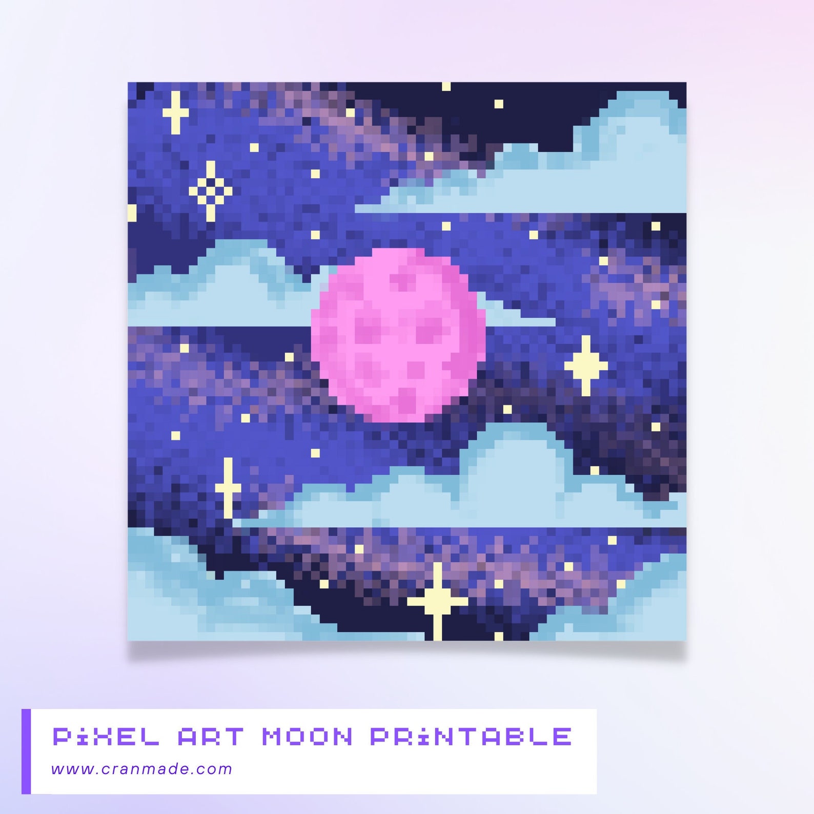 Pixel Art Moon Print, Digital Download Printable Wall Art, Night Sky ...