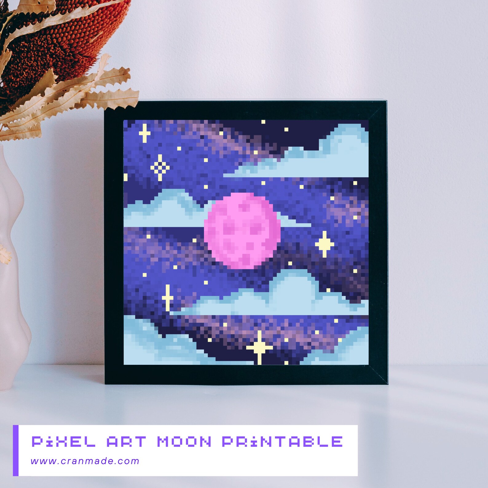 Pixel Art Moon Print, Digital Download Printable Wall Art, Night Sky ...