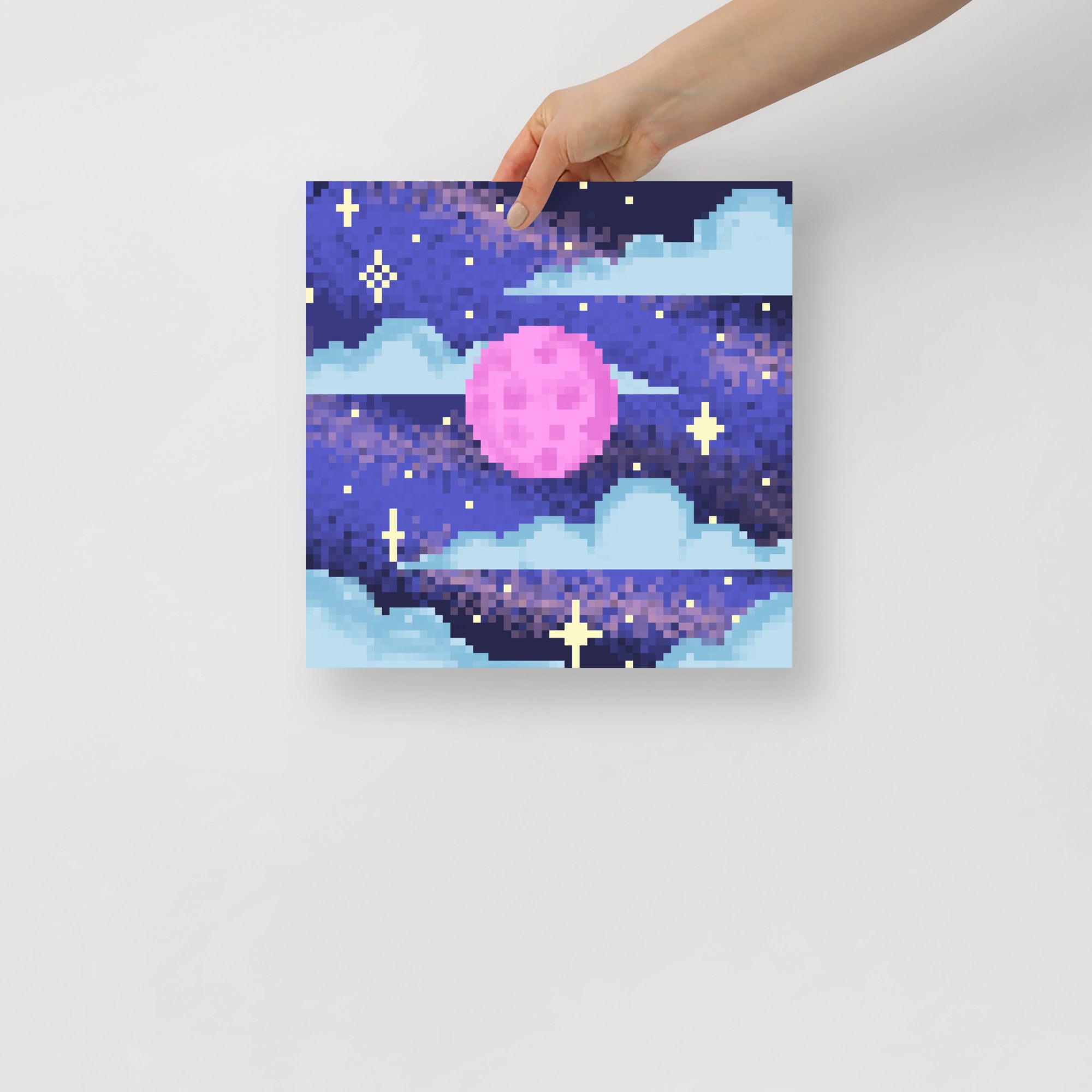 Cute Pastel Pixel Art Pink Moon Print, 8-bit Starry Night Sky With ...