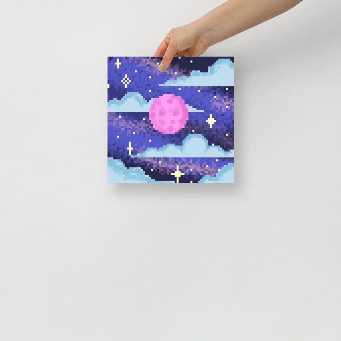 Cute Pastel Pixel Art Pink Moon Print, 8-bit Starry Night Sky With ...