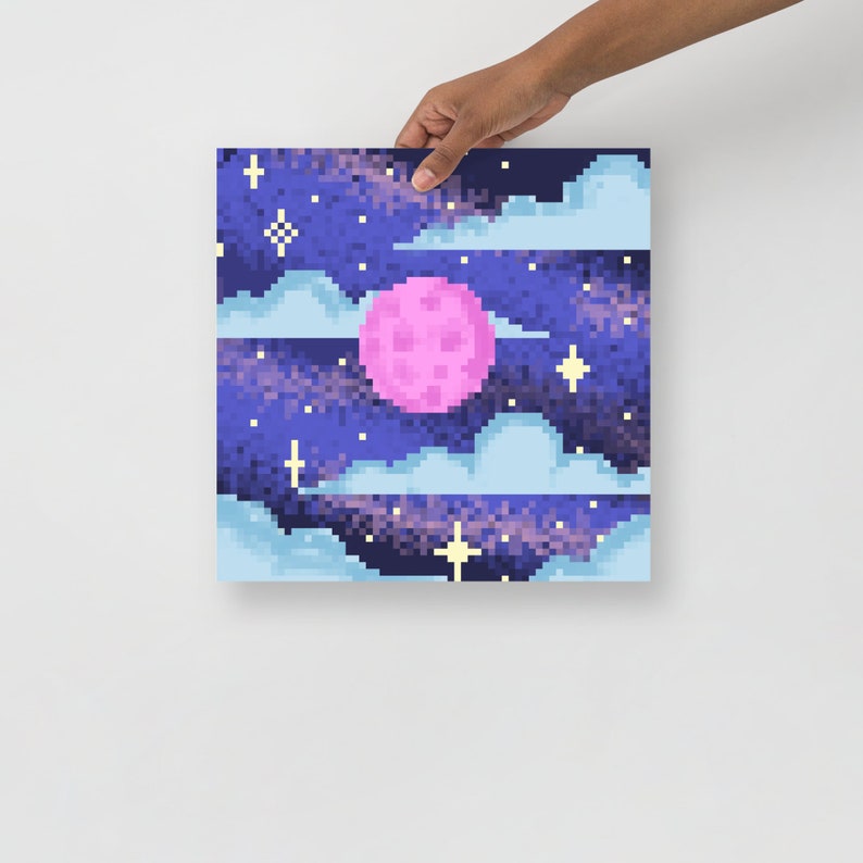 Cute Pastel Pixel Art Pink Moon Print, 8-bit Starry Night Sky With ...