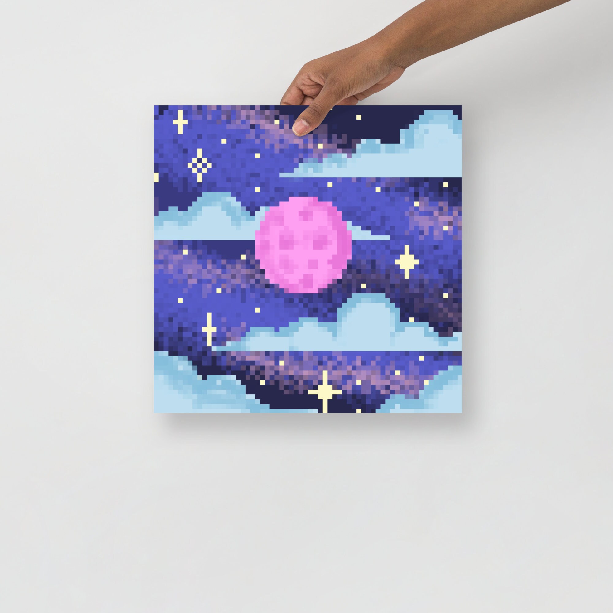 Cute Pastel Pixel Art Pink Moon Print, 8-bit Starry Night Sky With ...