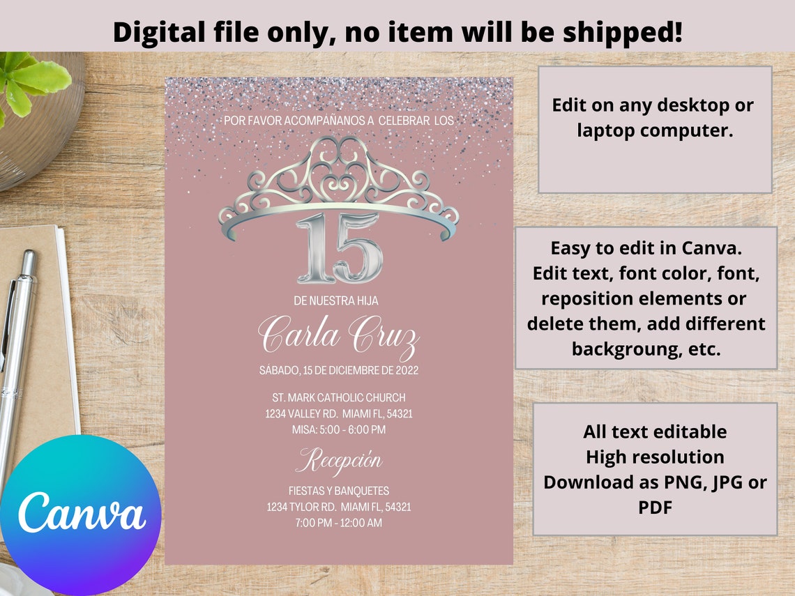 Spanish 15th Birthday Invitation Template: Pink Quinceañera (digital ...