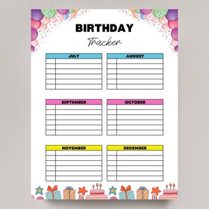 Birthday Tracker Printable, Birthday Reminder List (digital Download ...