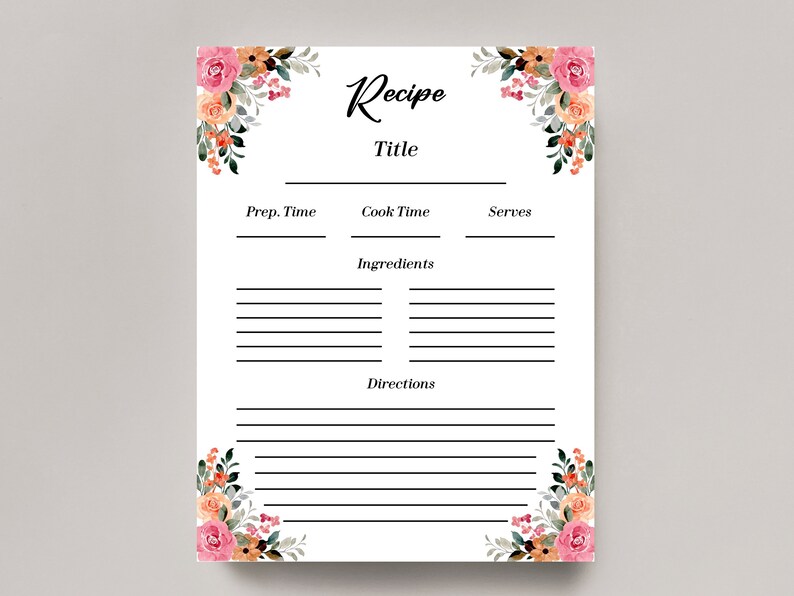 Floral Recipe Template, Cooking List Sheet, Recipe Card Template, Blank ...