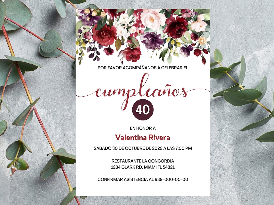Spanish Birthday Digital Invitation, Red Floral Evite, Cumpleaños ...
