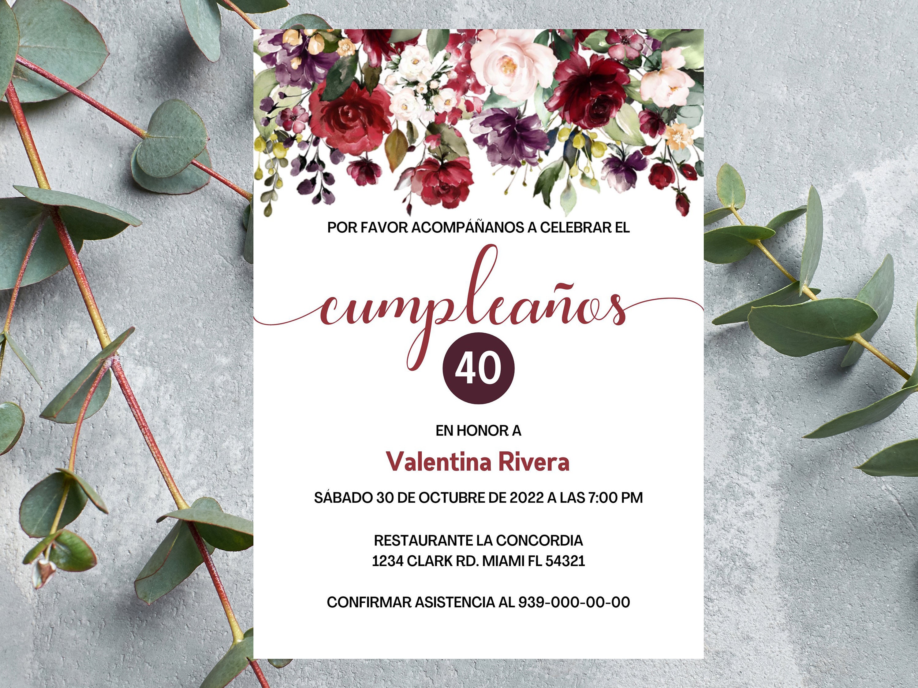 Spanish Birthday Digital Invitation, Red Floral Evite, Cumpleaños ...