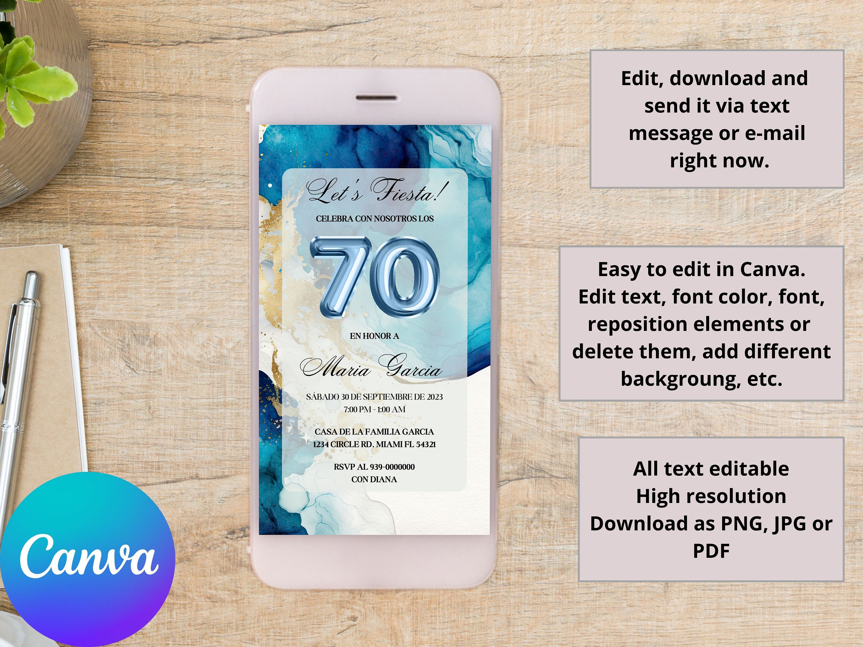Spanish 70th Birthday Party Digital Invitation, Fiesta De Cumpleaños ...