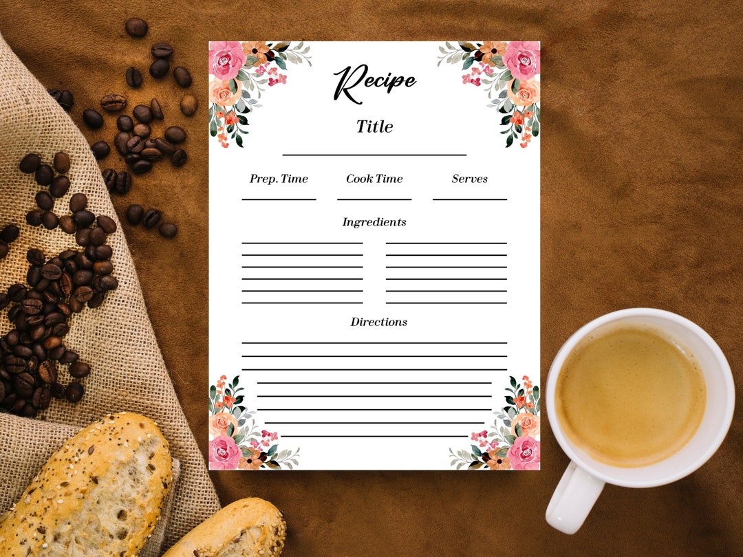 Floral Recipe Template, Cooking List Sheet, Recipe Card Template, Blank ...