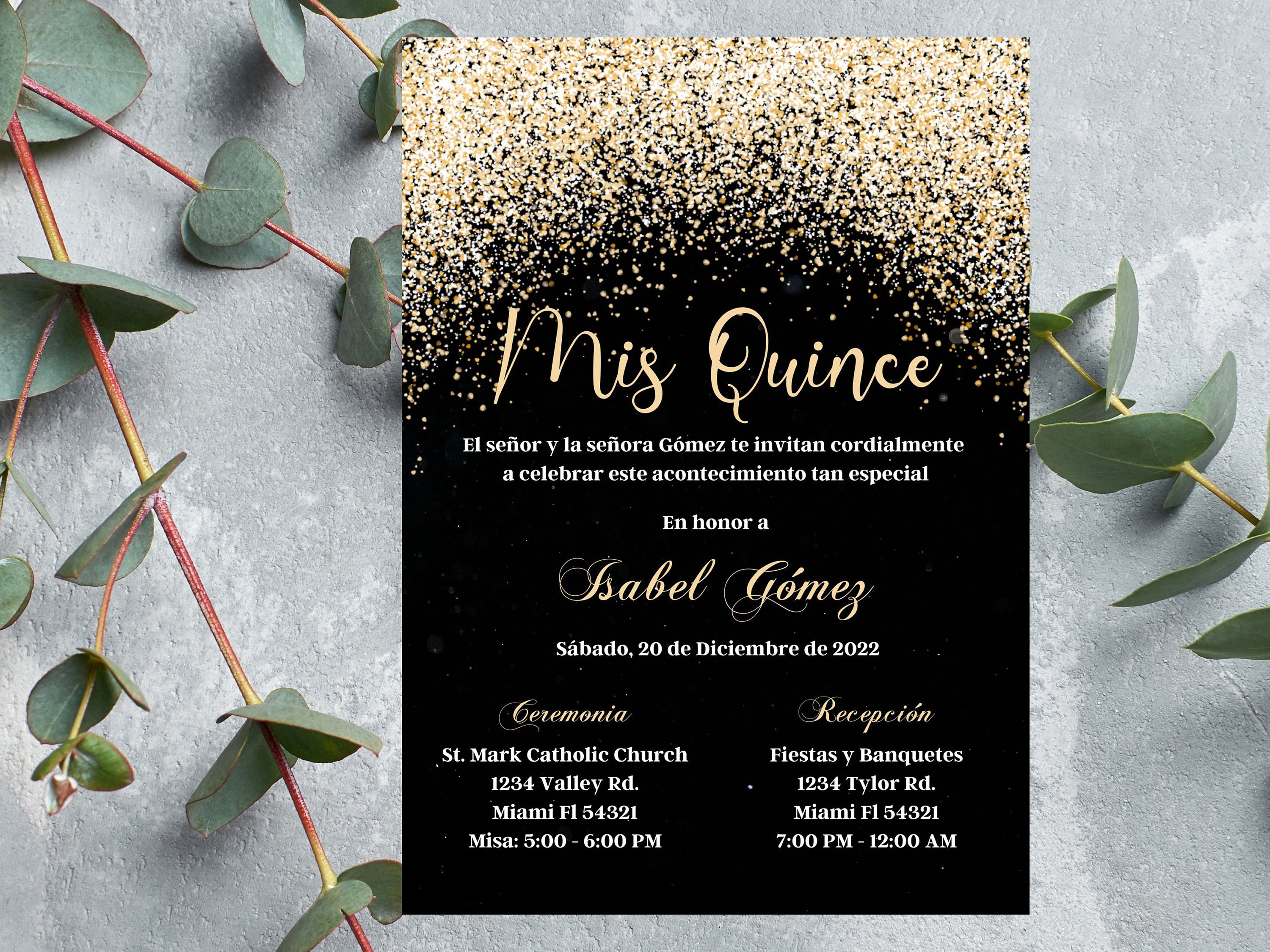 Gold Glitter Quinceañera Invitation, Spanish 15th Birthday (editable ...