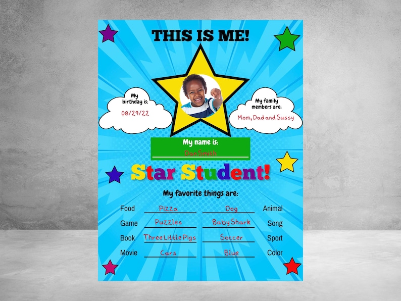 Póster del alumno estrella, Hoja de trabajo "Sobre mí" (Descarga digital) - Etsy España