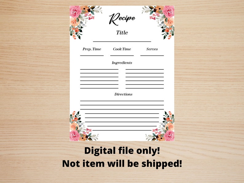 Floral Recipe Template, Cooking List Sheet, Recipe Card Template, Blank ...