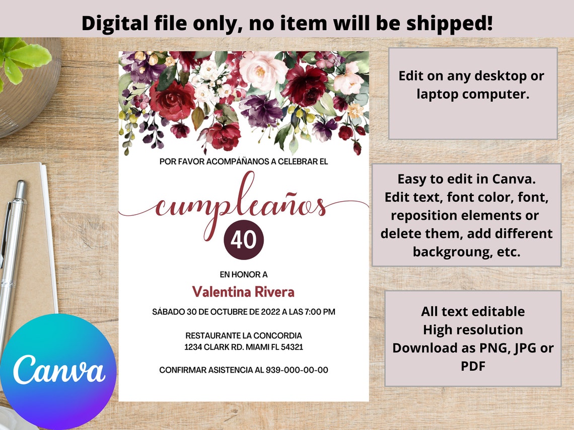 Spanish Birthday Digital Invitation, Red Floral Evite, Cumpleaños ...
