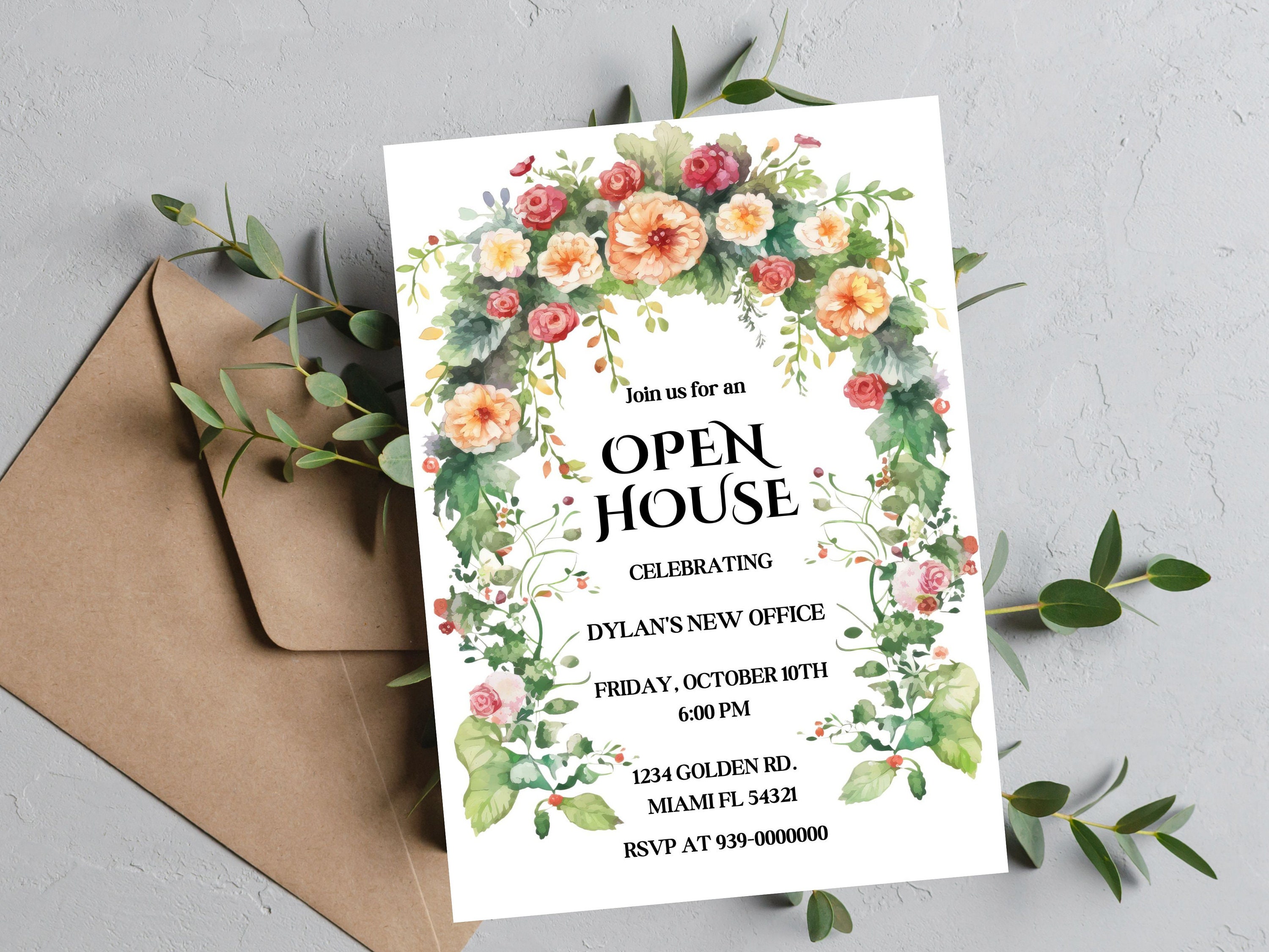 Open House Digital Invitation, New Office Invitation Template, Floral ...