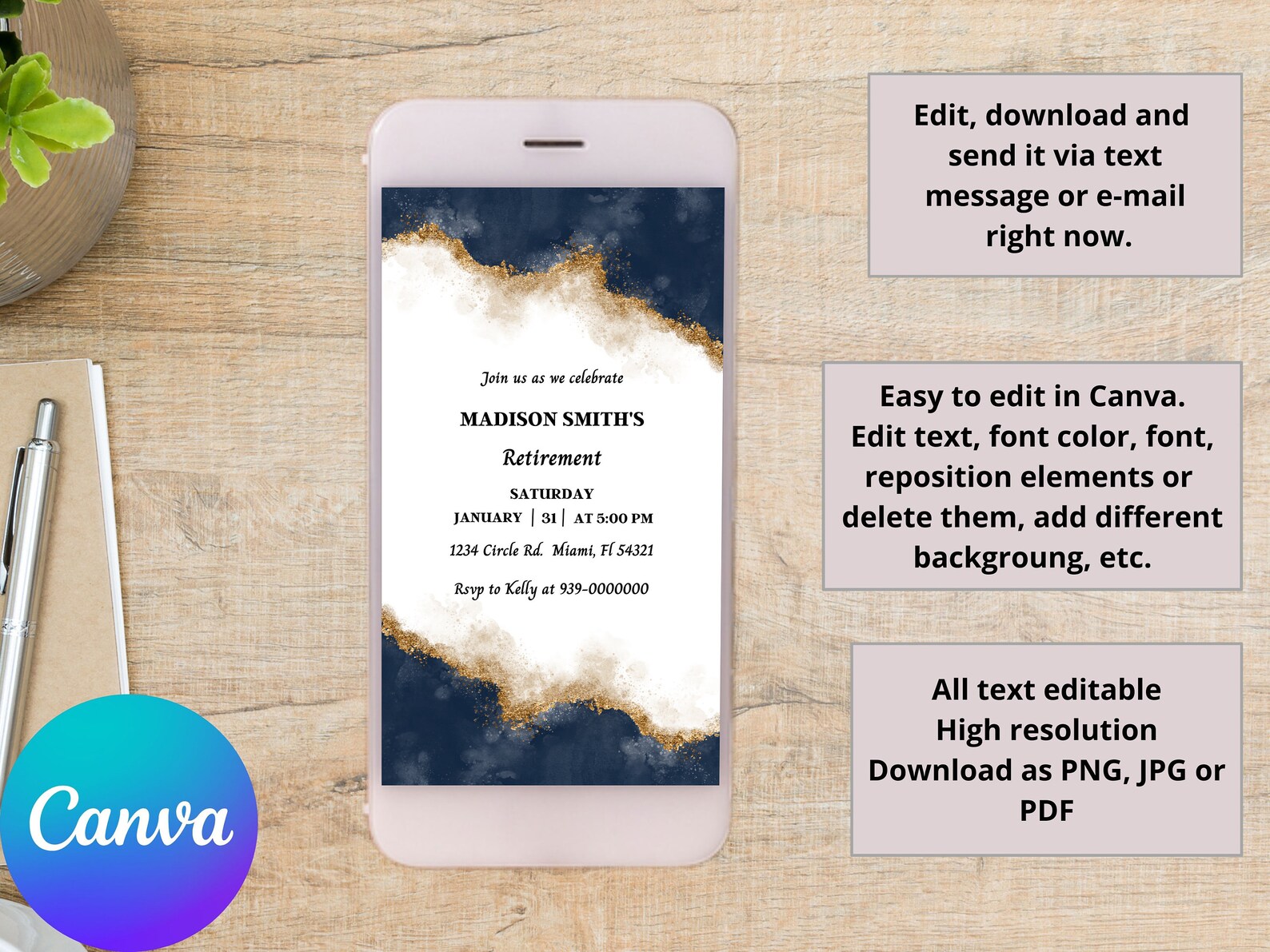 Retirement Elegant Digital Invitation Blue and Gold - Etsy