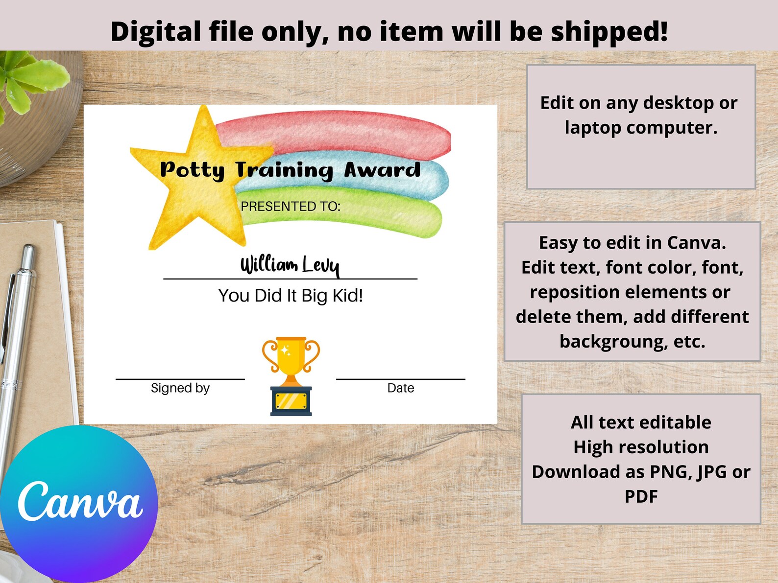 Potty Training Award Editable Template, Certificate of Potty Training ...