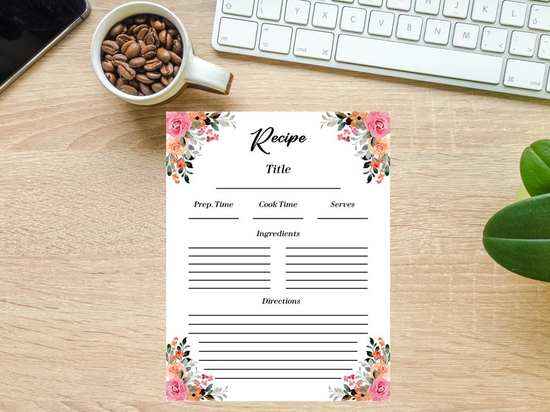 Floral Recipe Template, Cooking List Sheet, Recipe Card Template, Blank ...