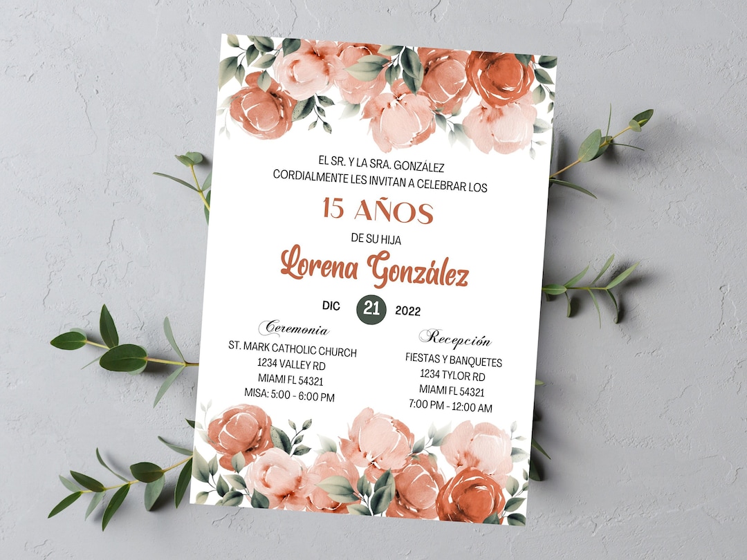 15th Birthday Spanish Invitation, Invitación Floral Cumpleaños ...