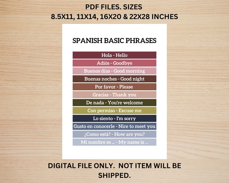 Spanish Basic Phrases Print Spanish Classroom Boho Decor - Etsy
