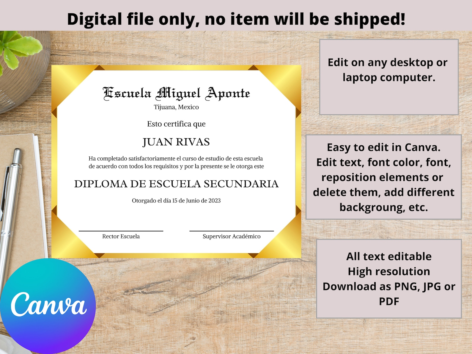 Spanish High School Diploma Template, Editable Canva (digital Download ...