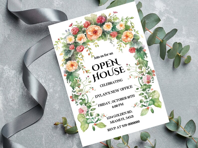 Open House Digital Invitation, New Office Invitation Template, Floral ...