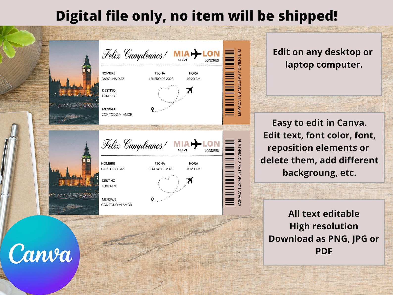 Spanish Surprise Boarding Pass Template, Birthday Gift (canva Editable ...