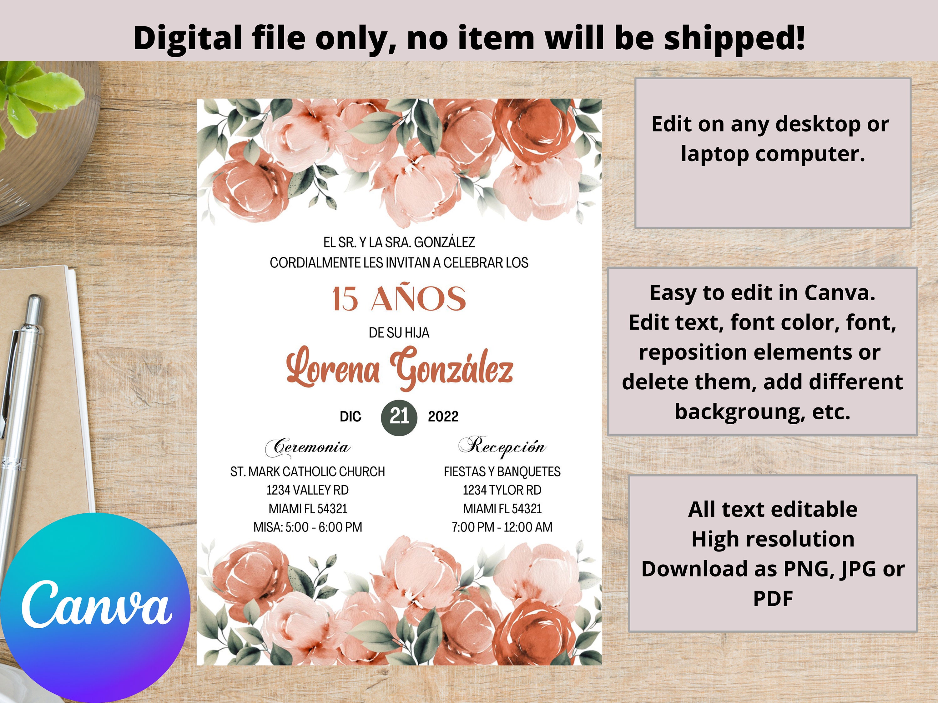 15th Birthday Spanish Invitation, Invitación Floral Cumpleaños ...