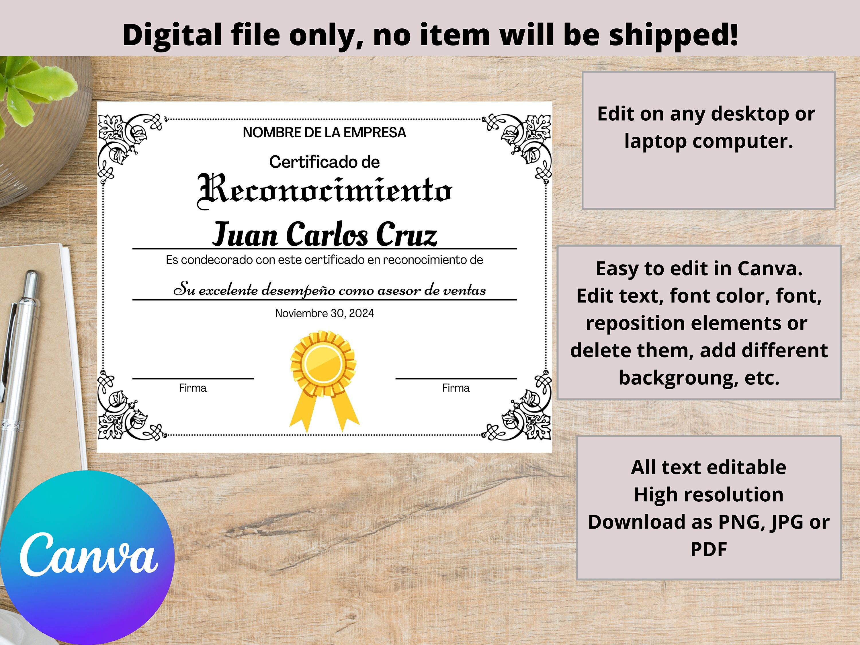 Spanish Certificate of Recognition Template, Editable Canva (digital ...