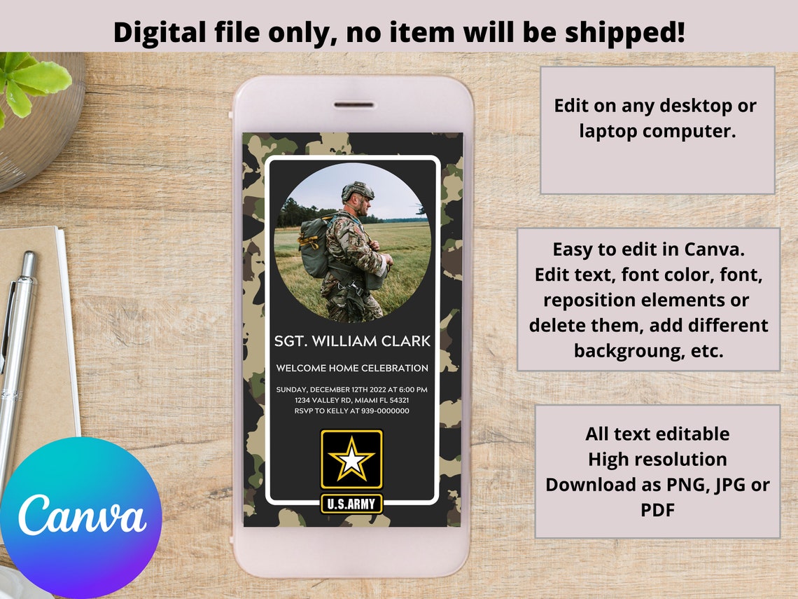 U.S Army Welcome Home Invitation, Military Party Electronic Invitation ...