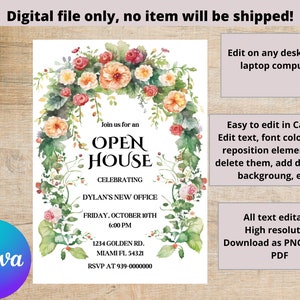 Open House Digital Invitation, New Office Invitation Template, Floral ...